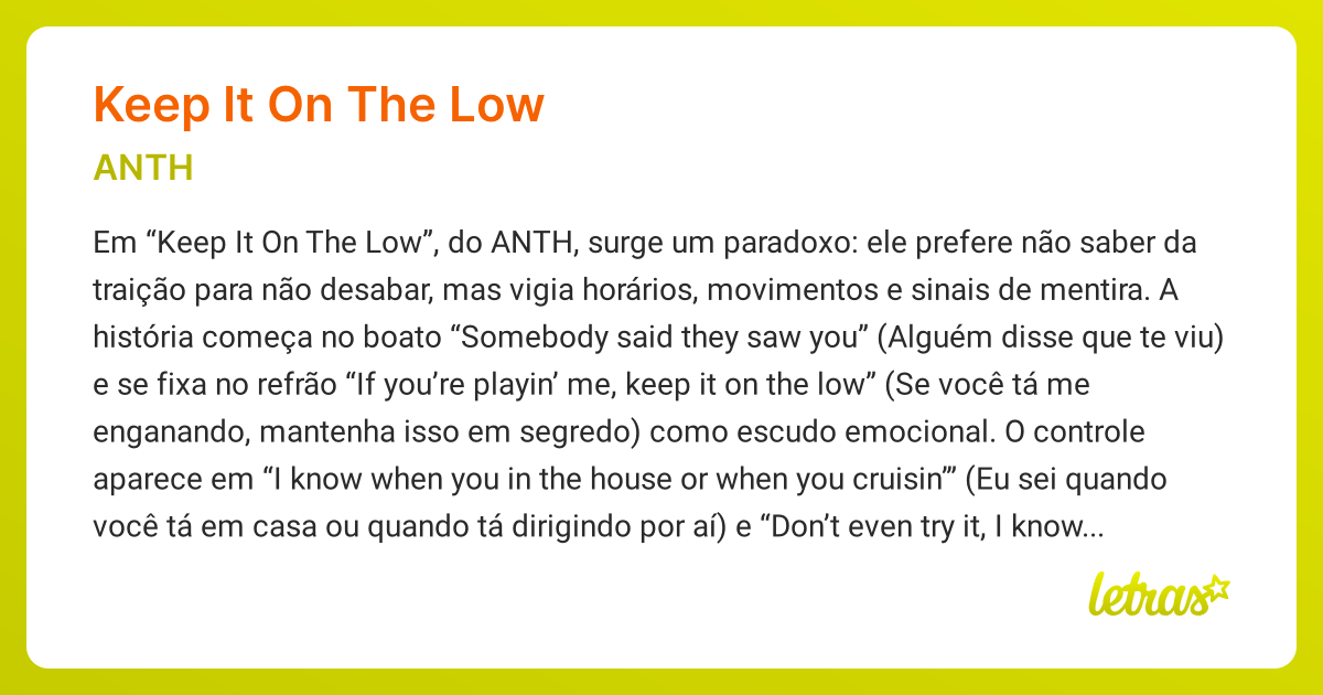 Significado da música KEEP IT ON THE LOW (ANTH) - LETRAS.MUS.BR