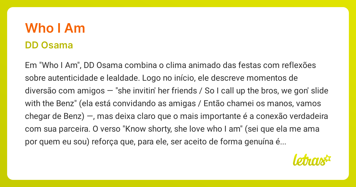 Significado da música WHO I AM (DD Osama) - LETRAS.MUS.BR
