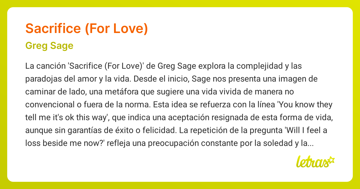 Significado de la canción SACRIFICE (FOR LOVE) (Greg Sage) - LETRAS.COM