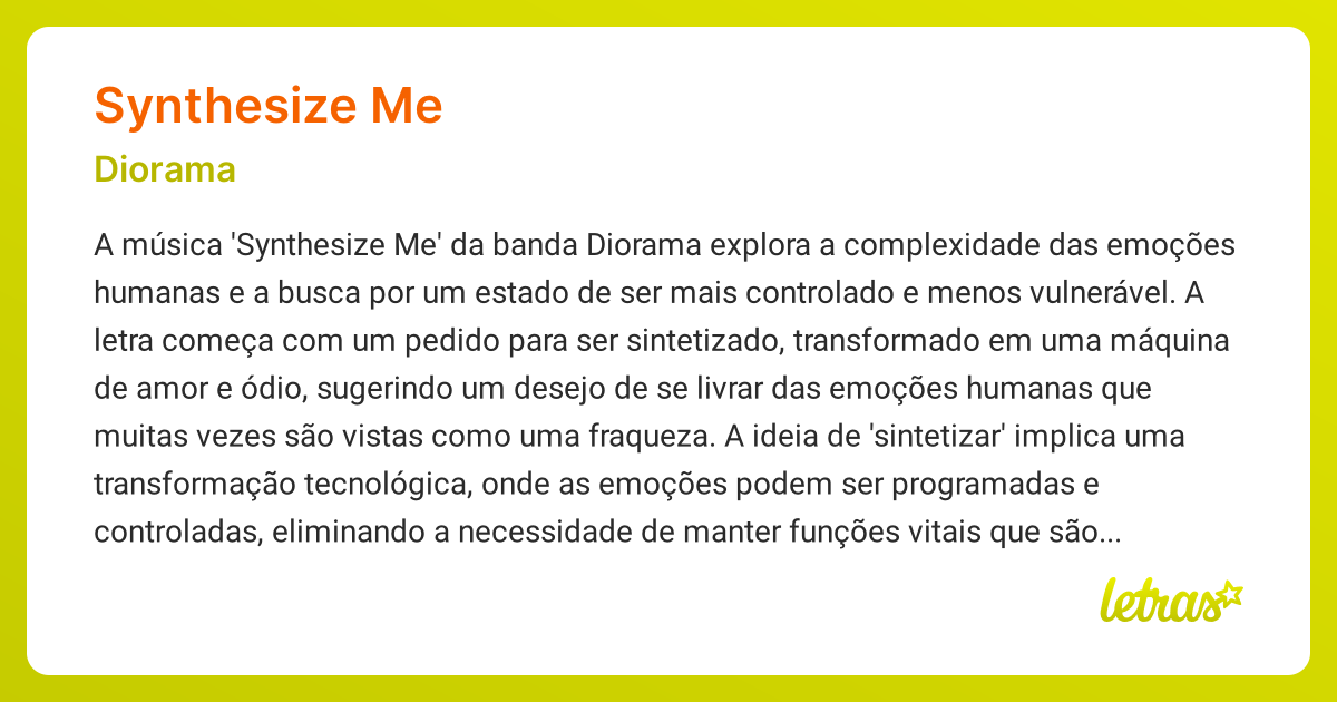 Significado da música SYNTHESIZE ME (Diorama) - LETRAS.MUS.BR