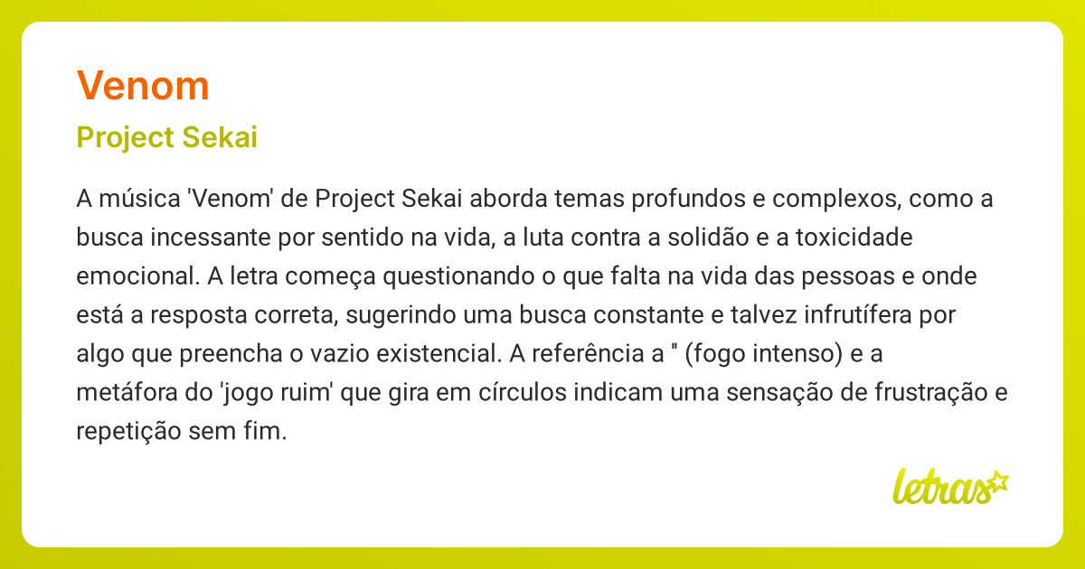 Significado da música VENOM (Project Sekai) - LETRAS.MUS.BR