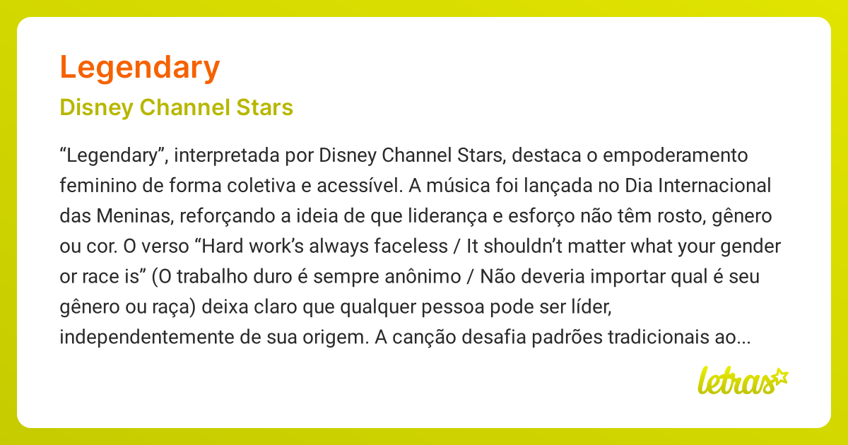 Significado da música LEGENDARY (Disney Channel Stars) - LETRAS.MUS.BR