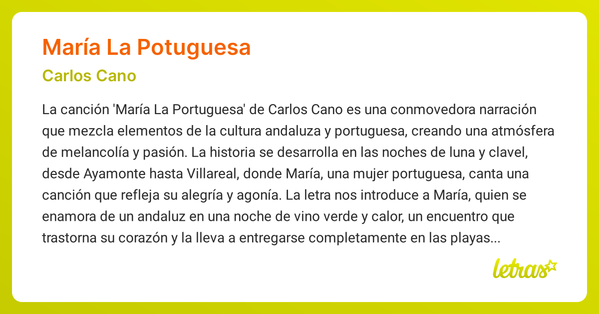 Significado de la canción MARÍA LA POTUGUESA (Carlos Cano) - LETRAS.COM