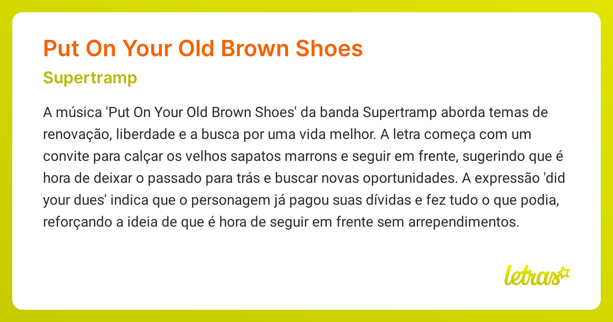 Significado da música PUT ON YOUR OLD BROWN SHOES (Supertramp) - LETRAS ...
