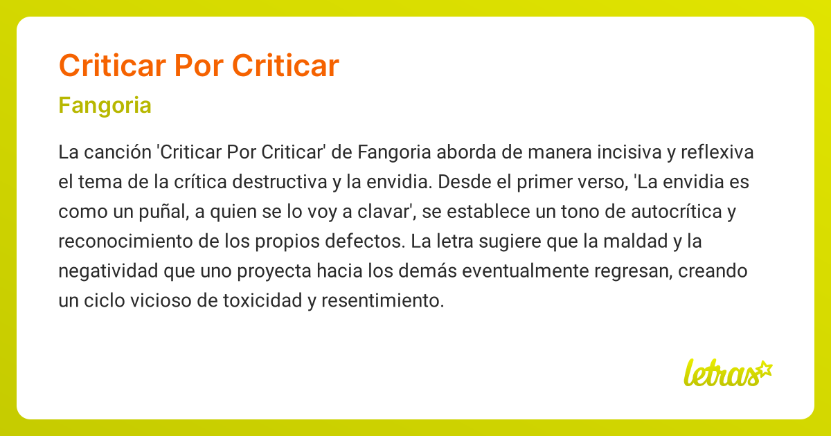 Significado de la canción CRITICAR POR CRITICAR (Fangoria) - LETRAS.COM