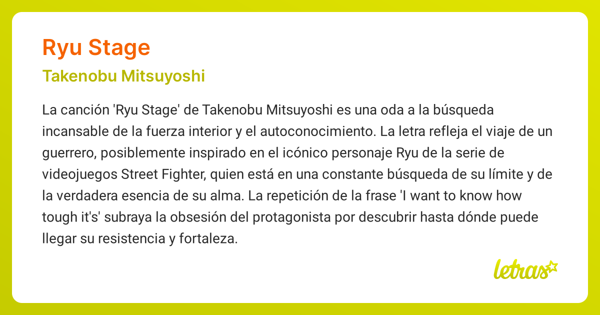 Significado de la canción RYU STAGE (Takenobu Mitsuyoshi) - LETRAS.COM