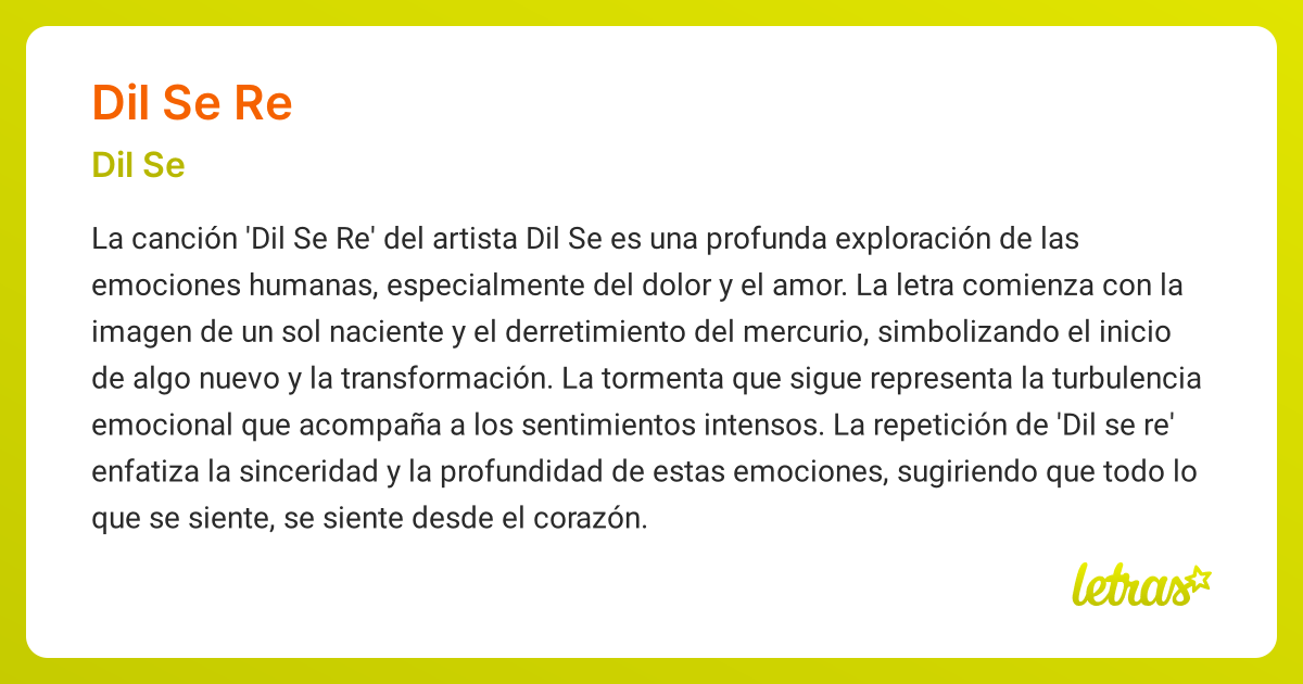 Significado de la canción DIL SE RE (Dil Se) - LETRAS.COM
