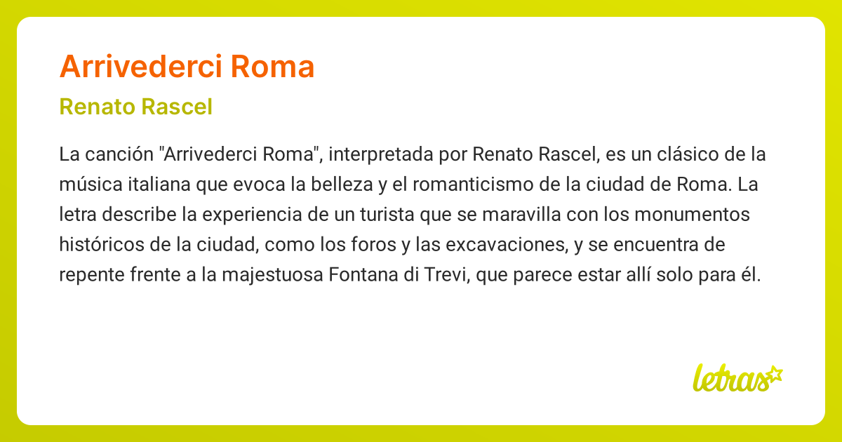 Significado de la canción ARRIVEDERCI ROMA (Renato Rascel) - LETRAS.COM