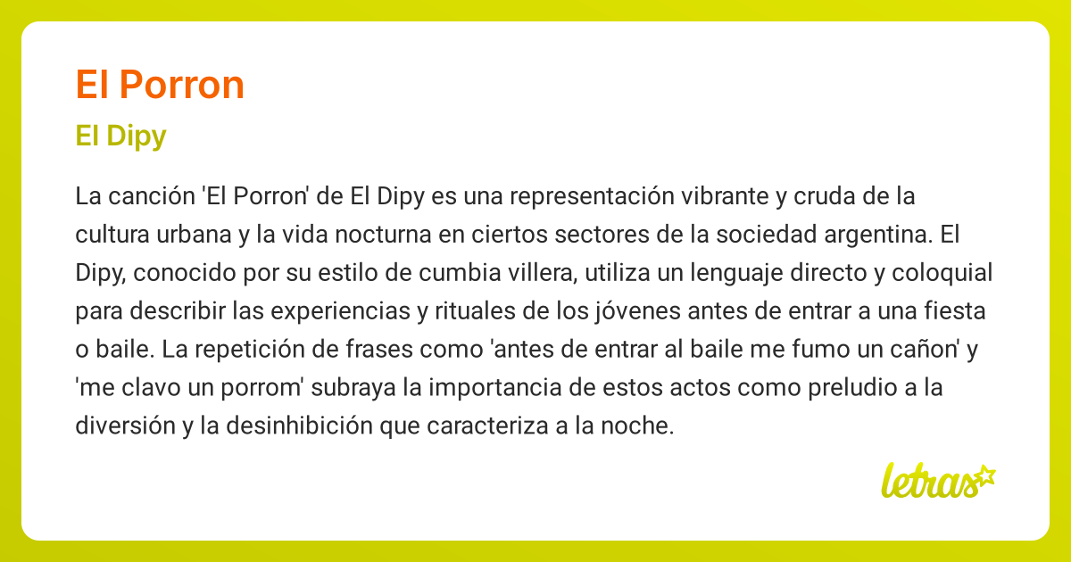 Significado de la canción EL PORRON (El Dipy) - LETRAS.COM
