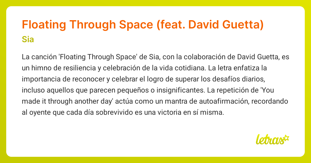 Significado de la canción Floating Through Space (feat. David Guetta ...