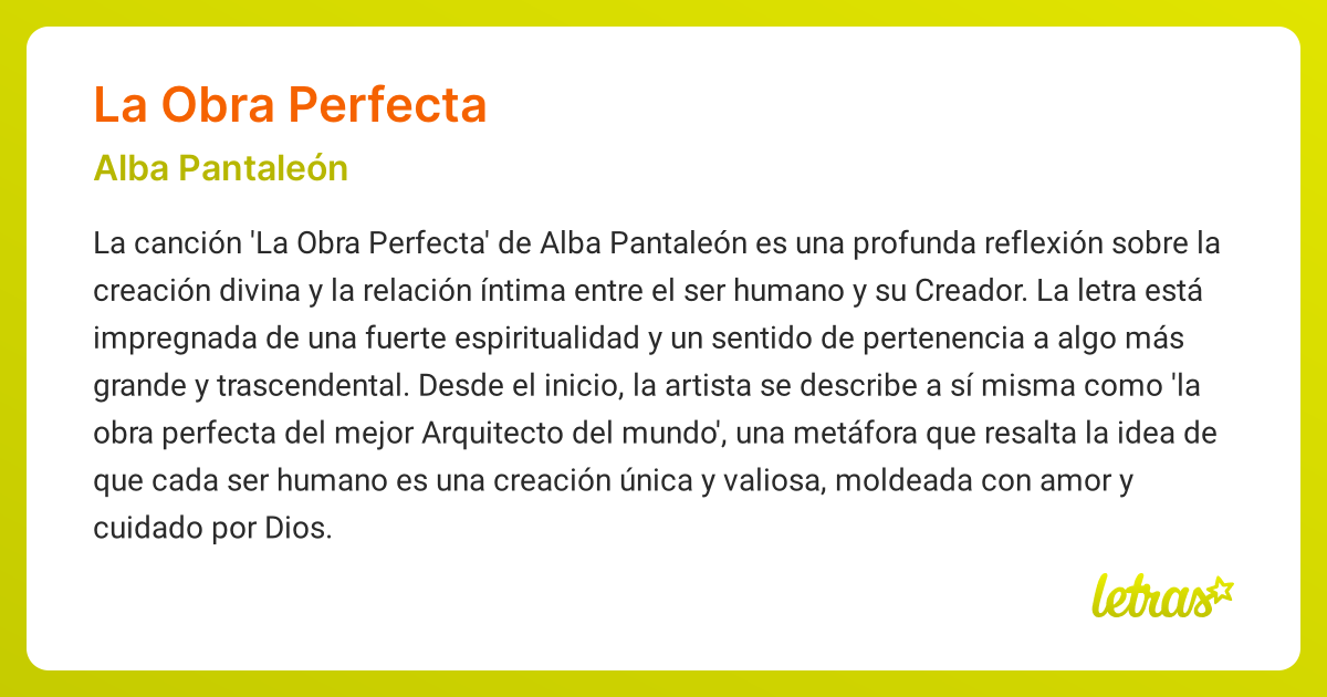Significado de la canción LA OBRA PERFECTA (Alba Pantaleón) - LETRAS.COM