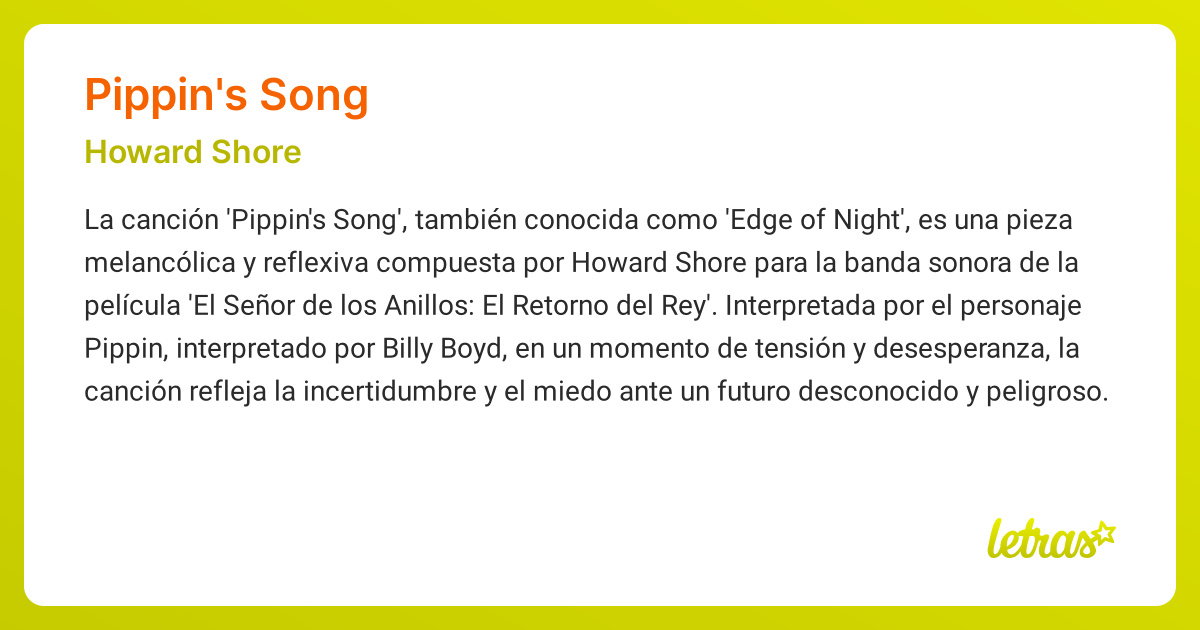Significado de la canción PIPPIN'S SONG (Howard Shore) - LETRAS.COM