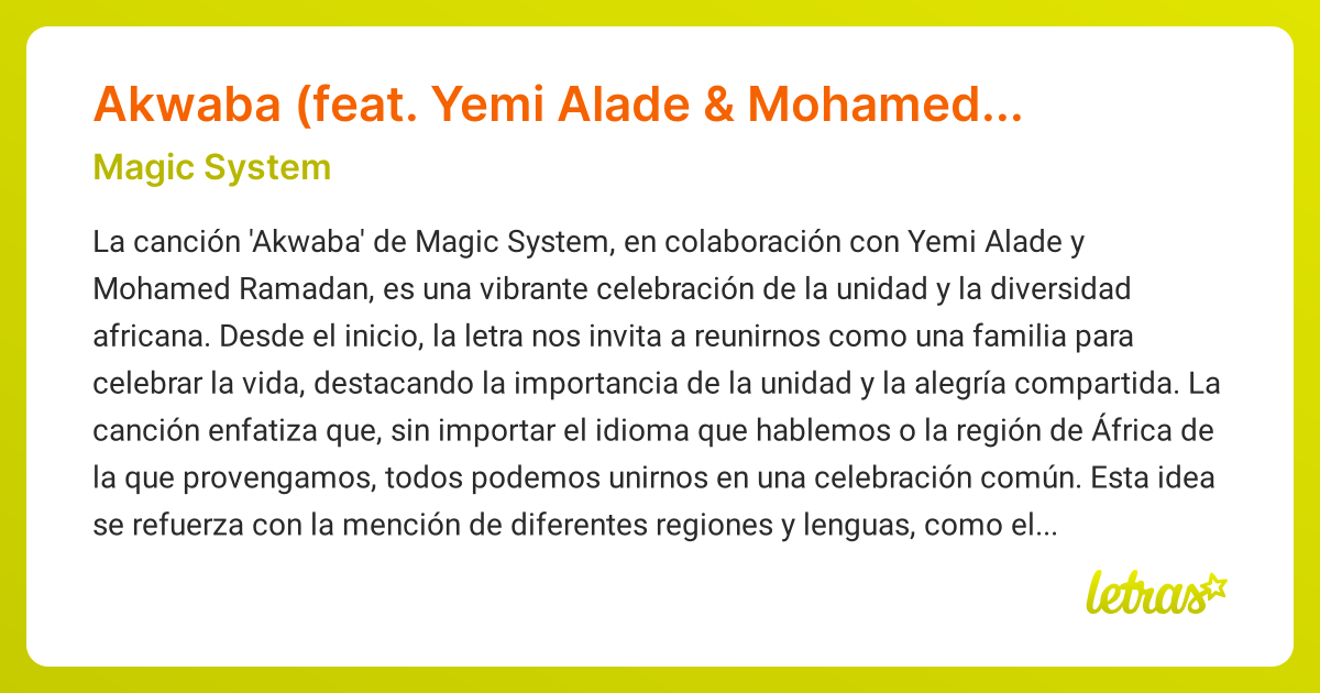 Significado de la canción Akwaba (feat. Yemi Alade & Mohamed Ramadan ...