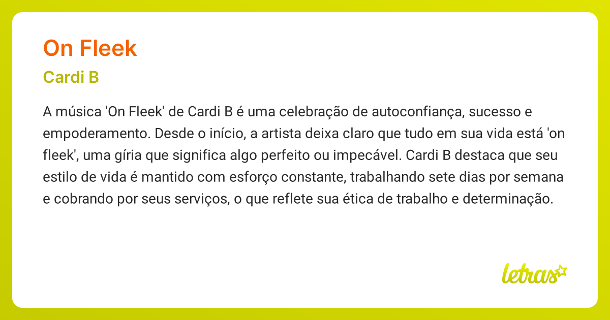Significado da música ON FLEEK (Cardi B) - LETRAS.MUS.BR