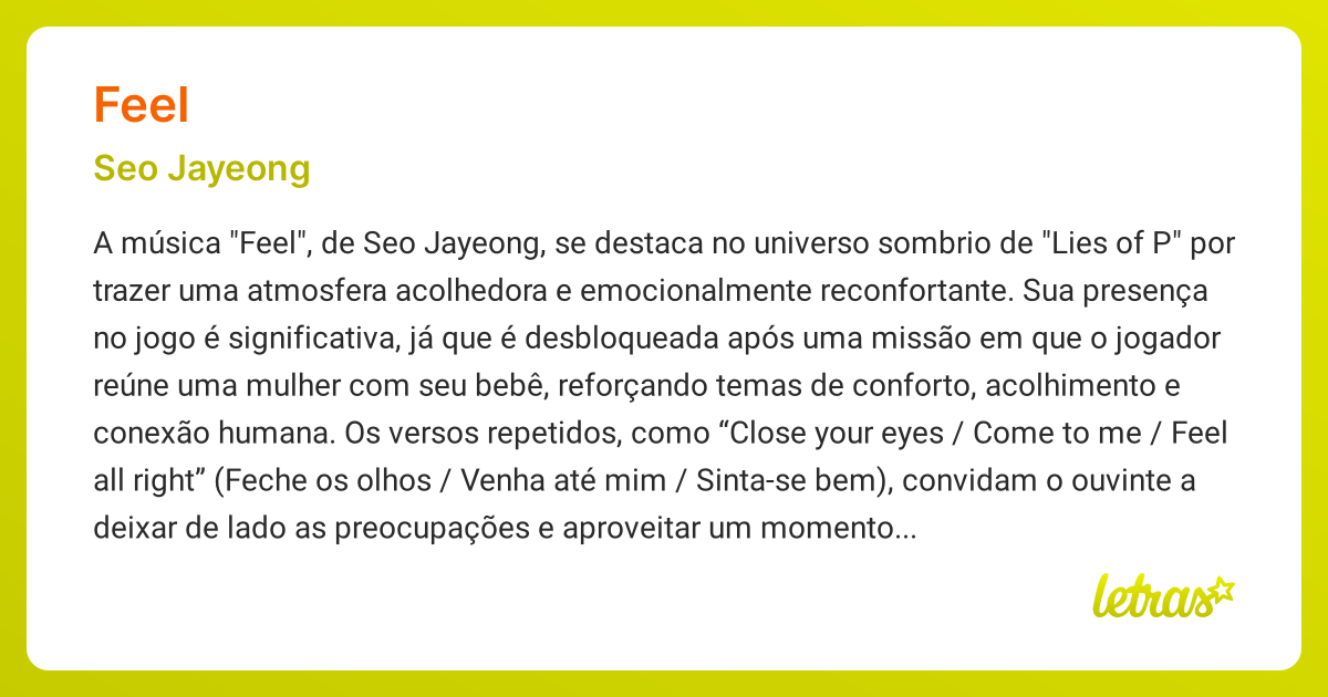 Significado da música LIES OF P OST- FEEL (Seo Jayeong) - LETRAS.MUS.BR