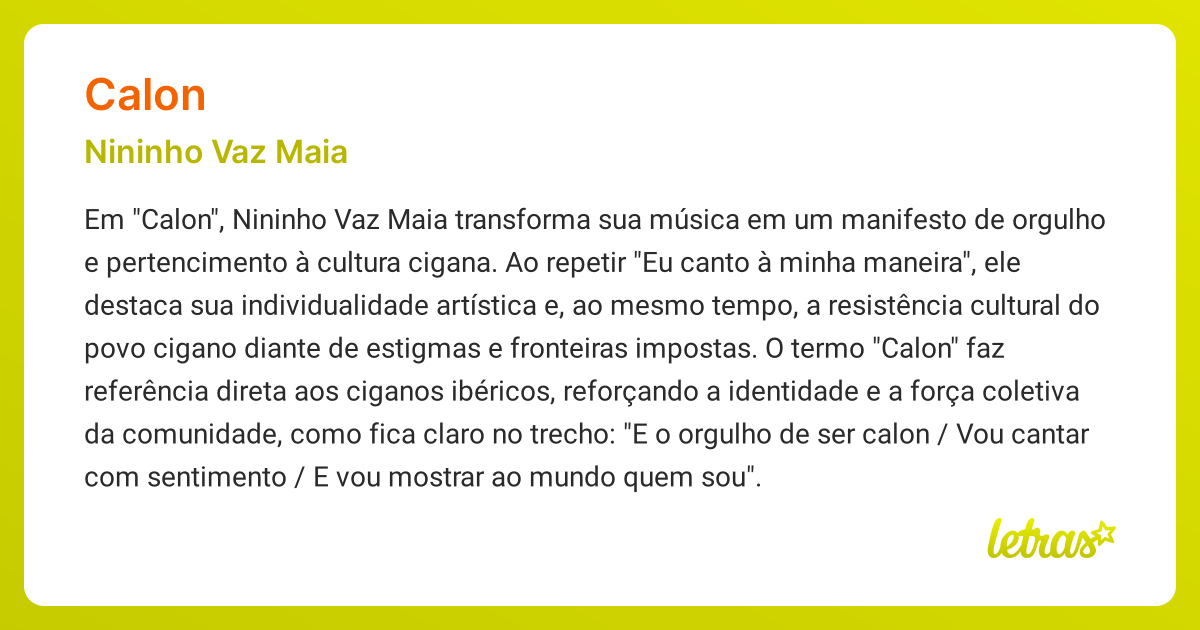 Significado da música CALON (Nininho Vaz Maia) - LETRAS.MUS.BR