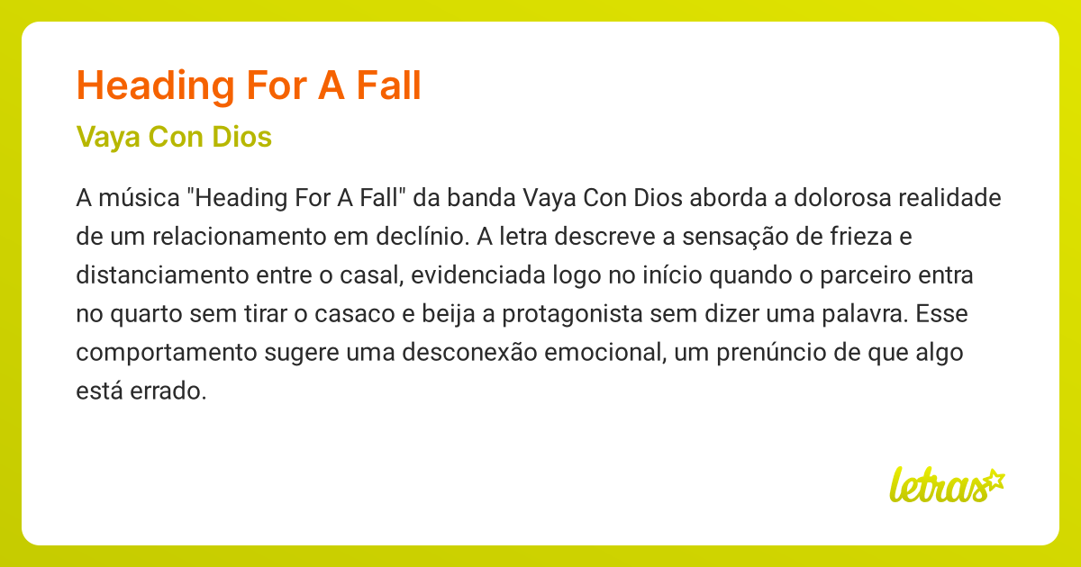 Significado da música HEADING FOR A FALL (Vaya Con Dios) - LETRAS.MUS.BR