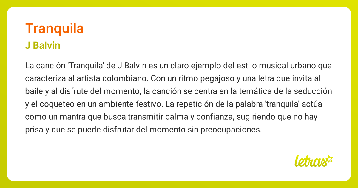 Significado de la canción TRANQUILA (J Balvin) - LETRAS.COM