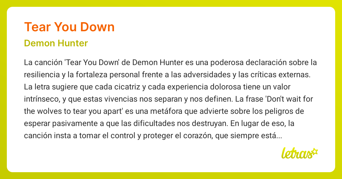 Significado de la canción TEAR YOU DOWN (Demon Hunter) - LETRAS.COM