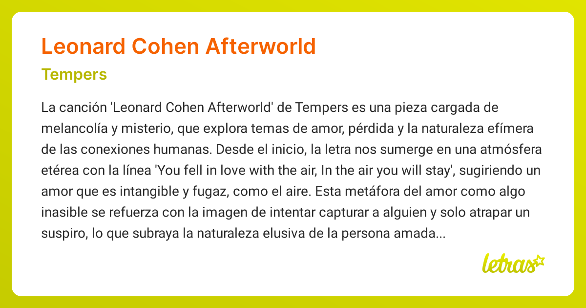 Significado de la canción LEONARD COHEN AFTERWORLD (Tempers) - LETRAS.COM