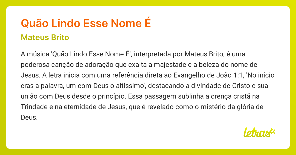 Significado da música QUÃO LINDO ESSE NOME É (Mateus Brito) - LETRAS.MUS.BR