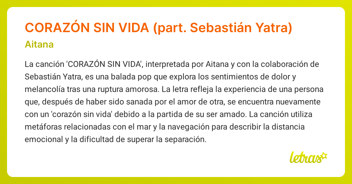 Significado de la canción CORAZÓN SIN VIDA (part. Sebastián Yatra ...