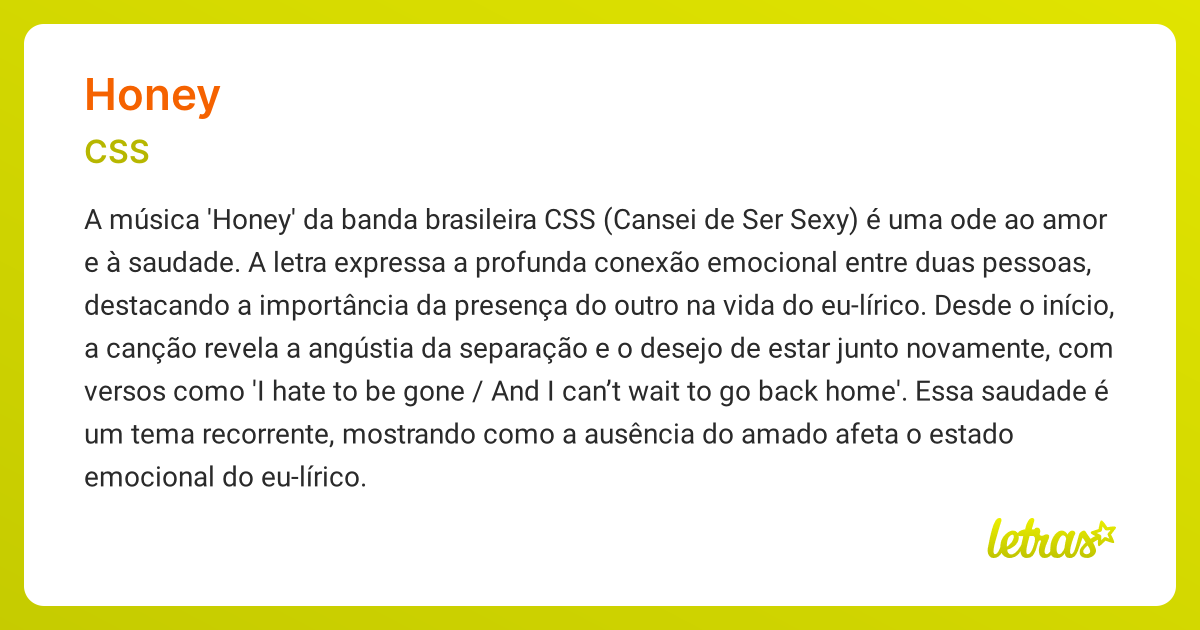 Significado da música HONEY (CSS) - LETRAS.MUS.BR