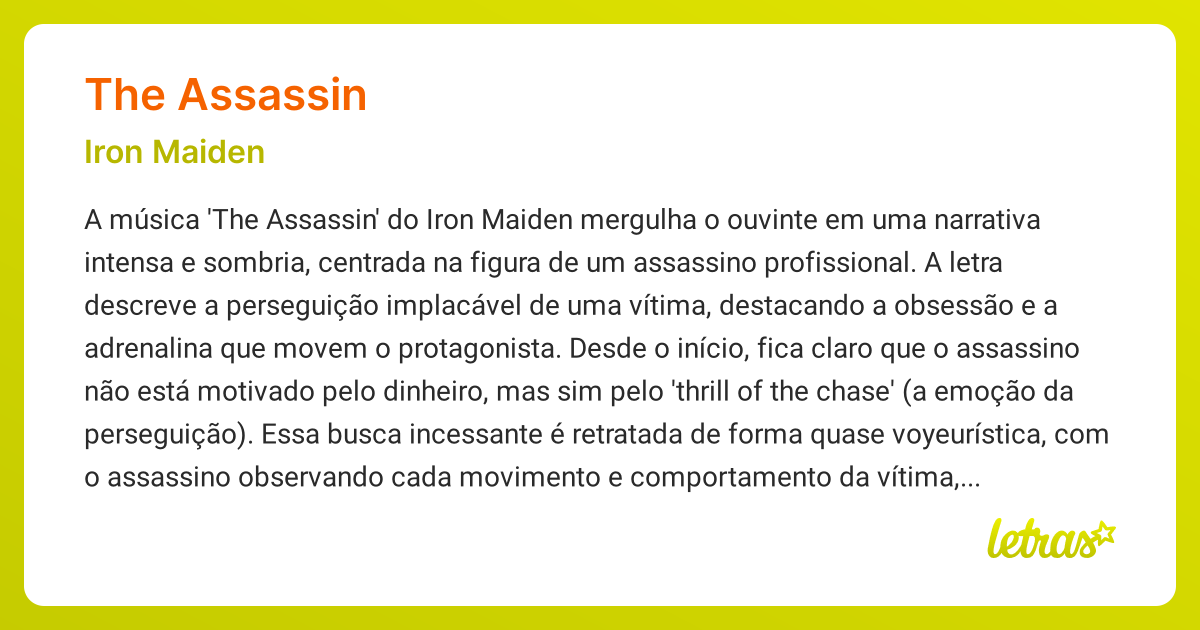 Significado da música THE ASSASSIN (Iron Maiden) - LETRAS.MUS.BR