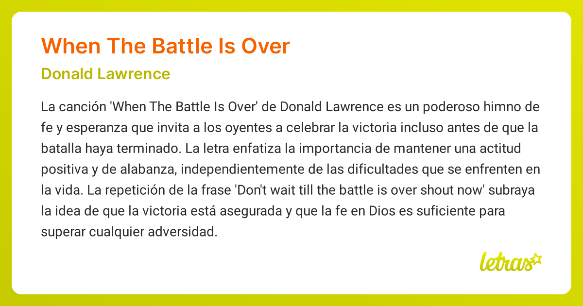 Significado de la canción WHEN THE BATTLE IS OVER (Donald Lawrence ...
