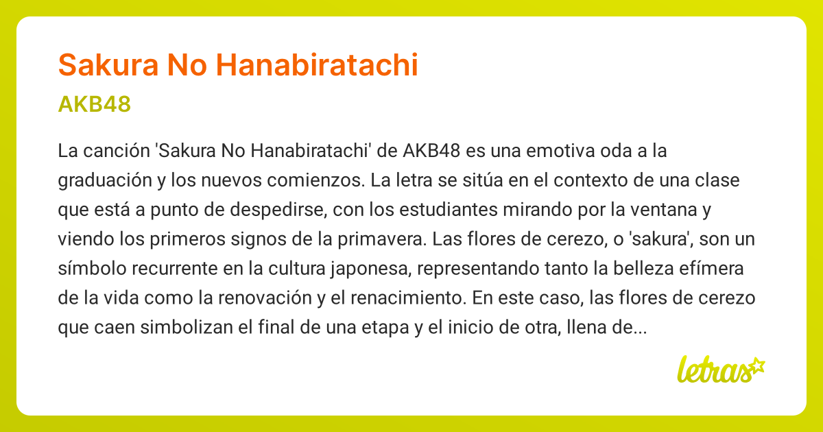 Significado de la canción SAKURA NO HANABIRATACHI (AKB48) - LETRAS.COM