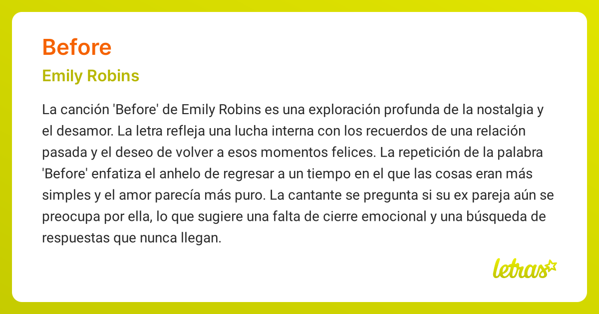 Significado de la canción BEFORE (Emily Robins) - LETRAS.COM