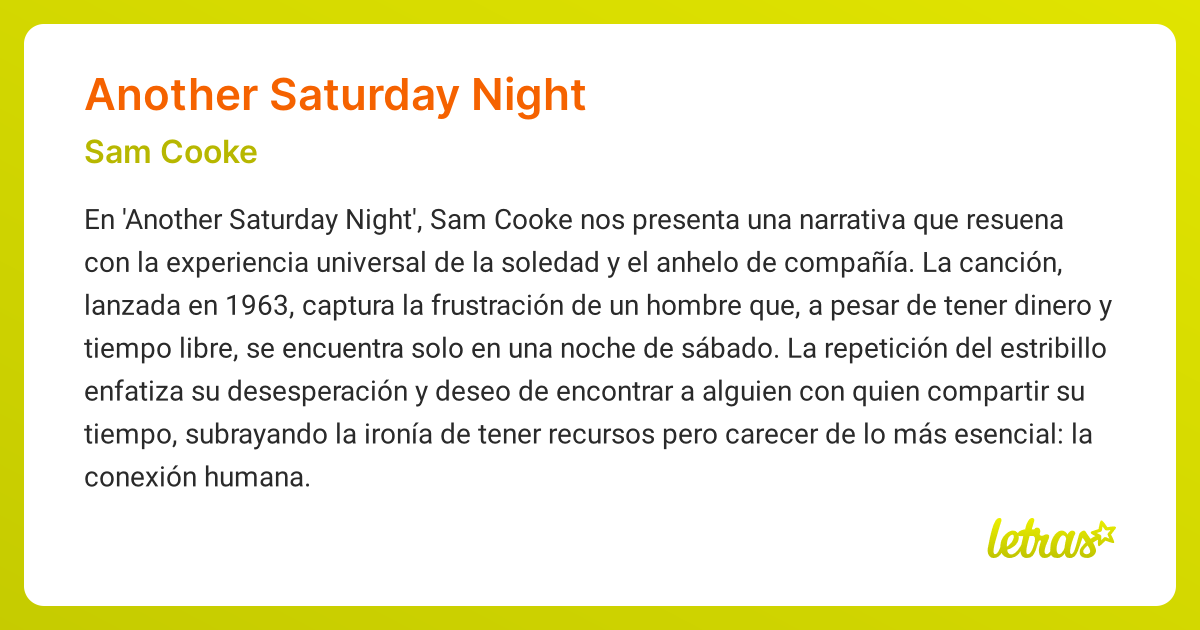 Significado de la canción ANOTHER SATURDAY NIGHT (Sam Cooke) - LETRAS.COM