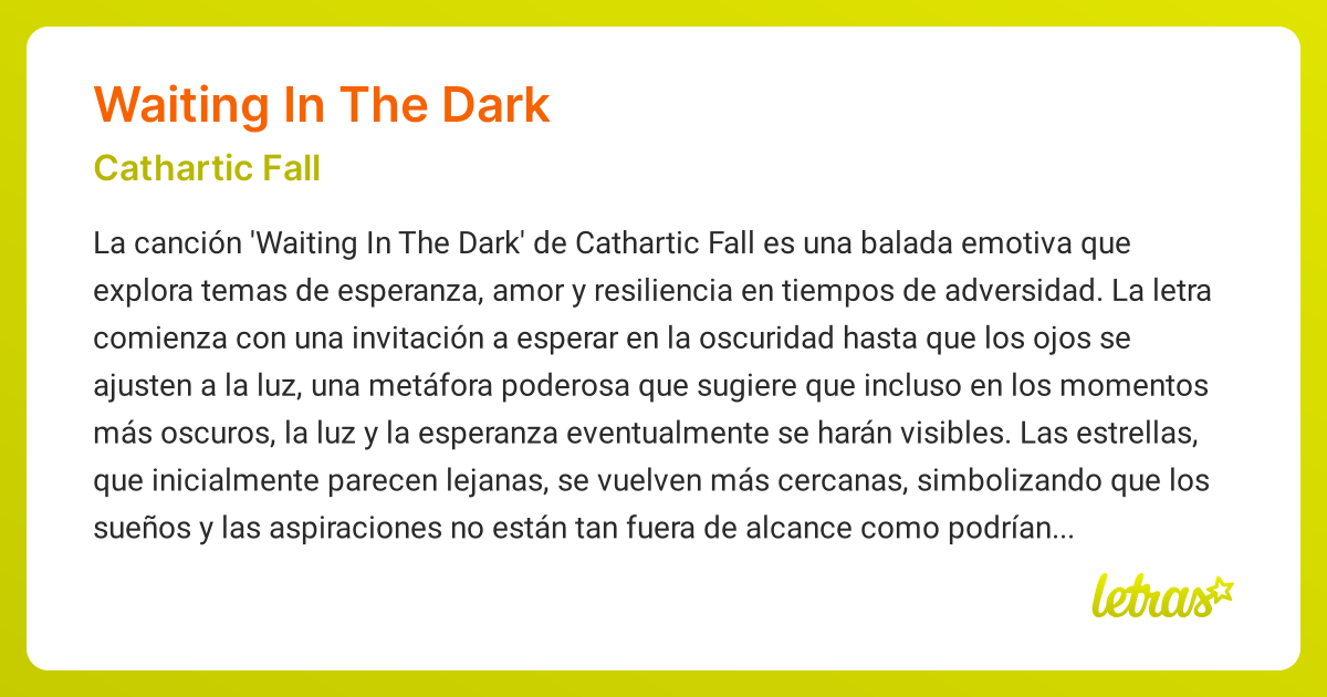 Significado de la canción WAITING IN THE DARK (Cathartic Fall) - LETRAS.COM
