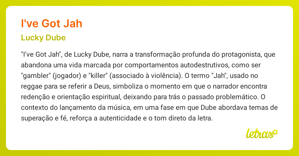 Significado da música I'VE GOT JAH (Lucky Dube) - LETRAS.MUS.BR
