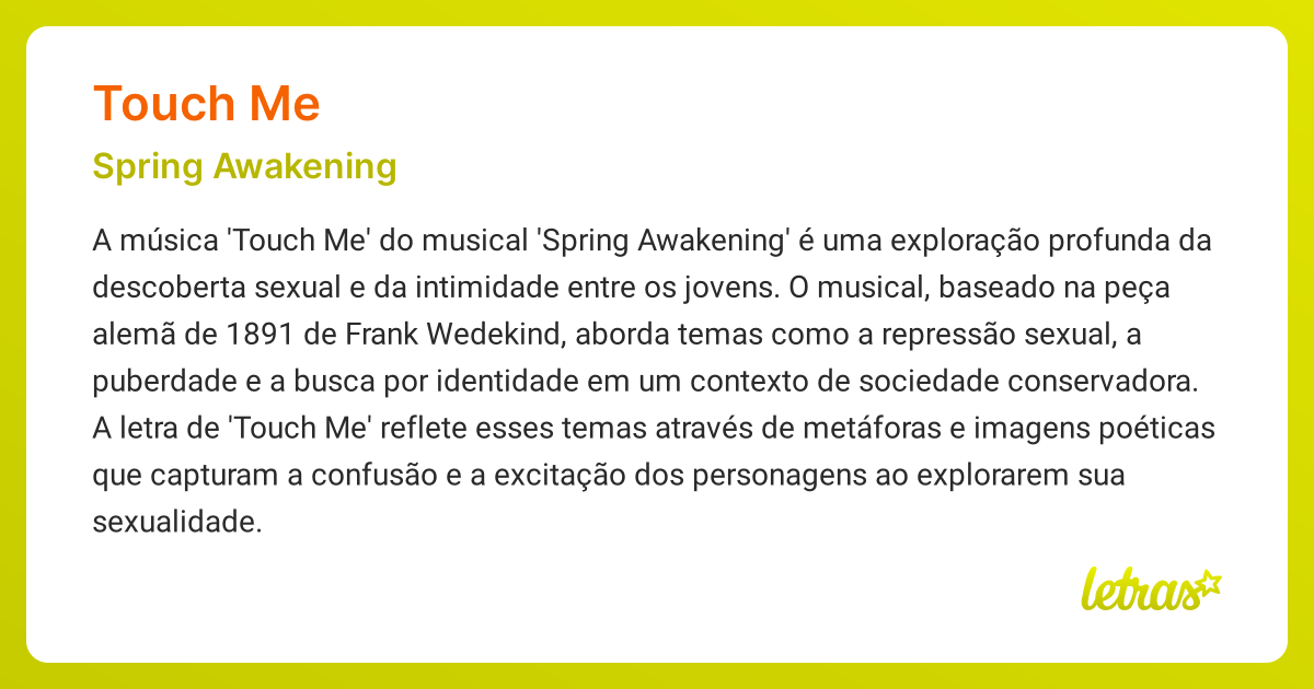 Significado da música TOUCH ME (Spring Awakening) - LETRAS.MUS.BR
