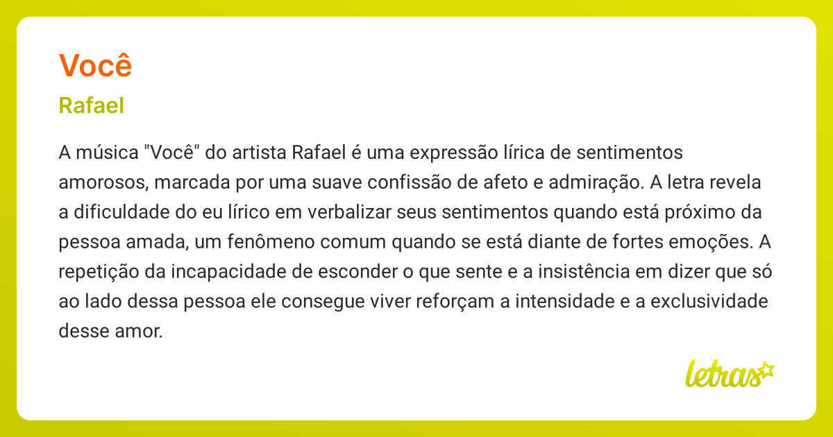 Significado da música VOCÊ (Rafael) - LETRAS.MUS.BR