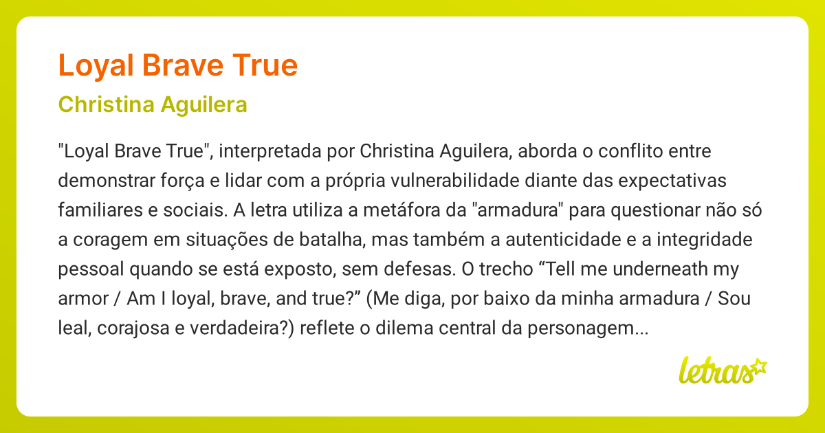 Significado da música LOYAL BRAVE TRUE (Christina Aguilera) - LETRAS.MUS.BR