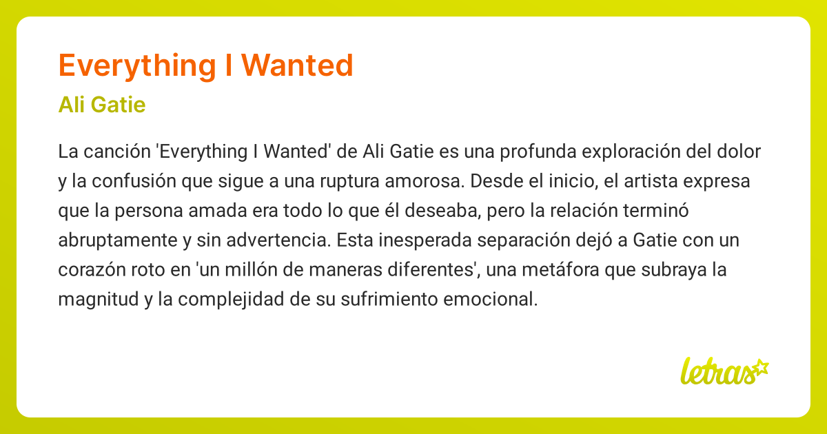 Significado de la canción EVERYTHING I WANTED (Ali Gatie) - LETRAS.COM