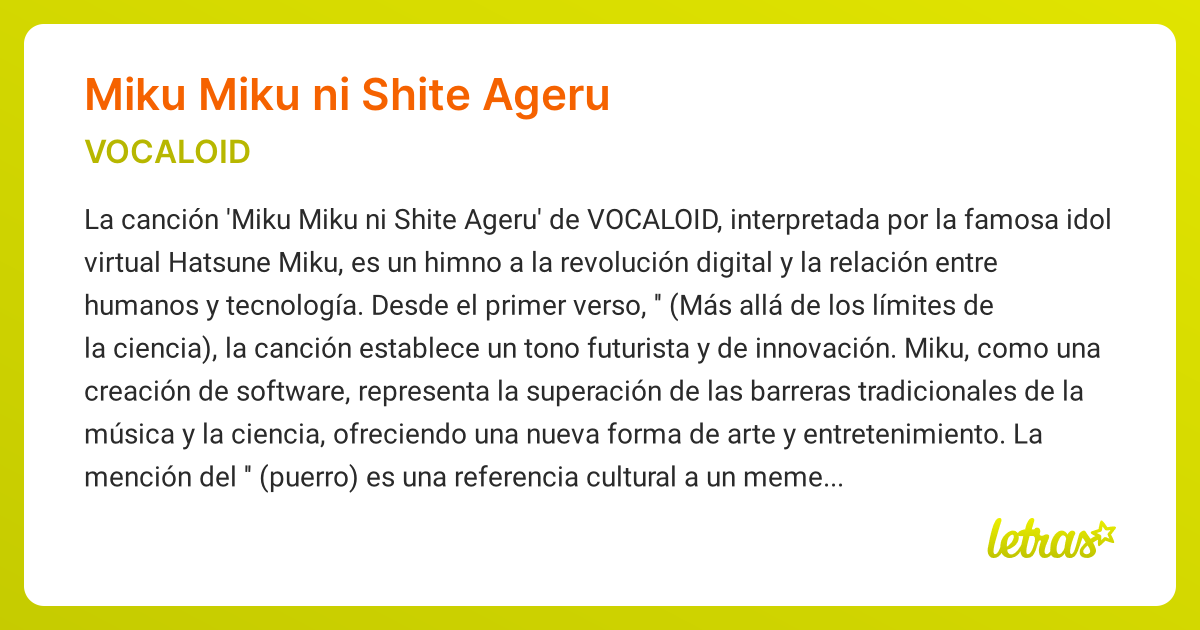 Significado de la canción MIKU MIKU NI SHITE AGERU (VOCALOID) - LETRAS.COM