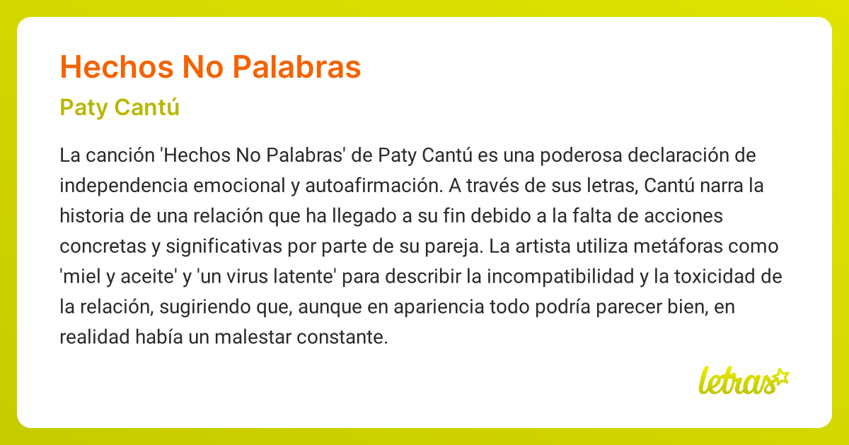 Significado de la canción HECHOS NO PALABRAS (Paty Cantú) - LETRAS.COM