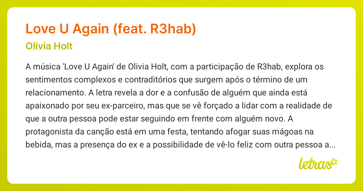 Significado da música LOVE U AGAIN (FEAT. R3HAB) (Olivia Holt) - LETRAS ...