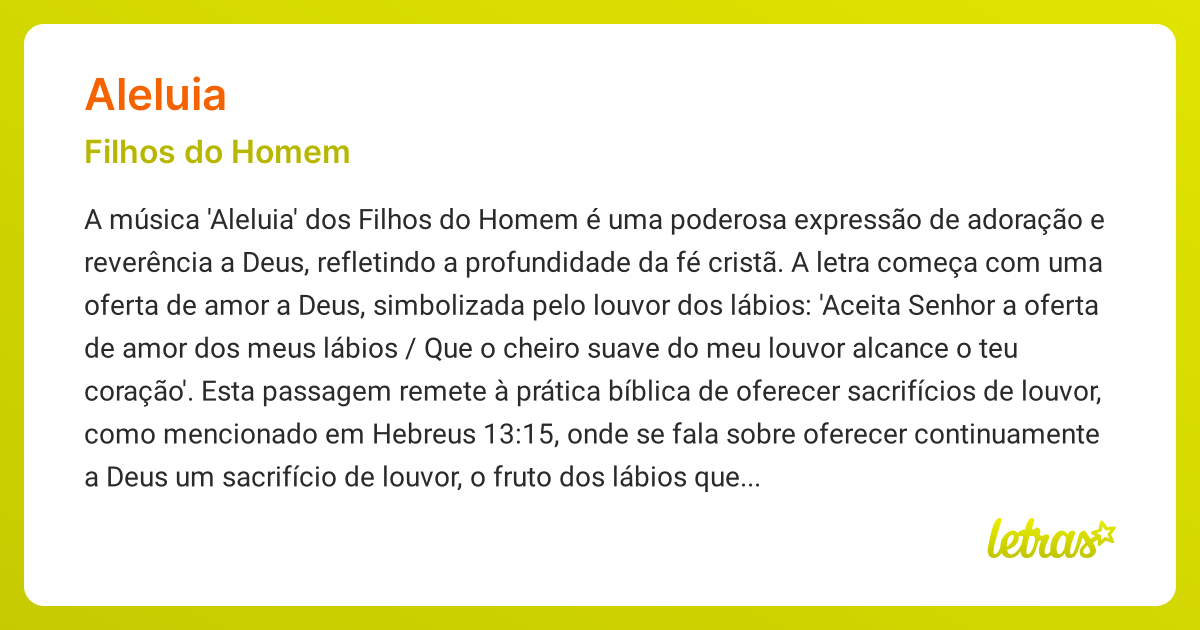 Significado da música ALELUIA (Filhos do Homem) - LETRAS.MUS.BR