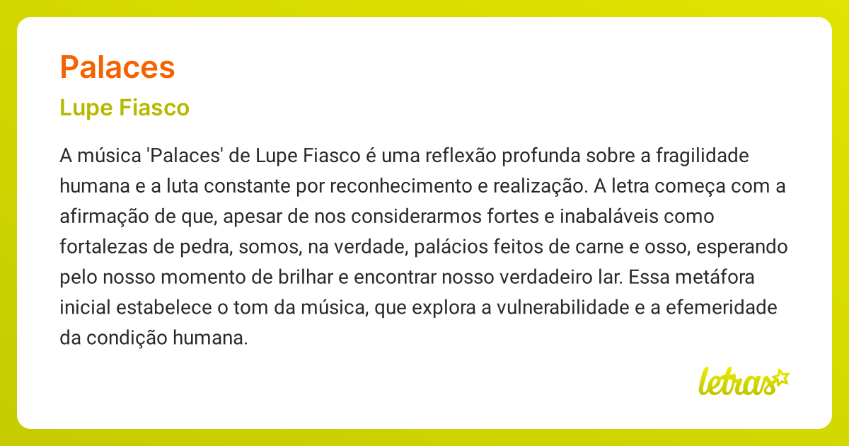 Significado da música PALACES (Lupe Fiasco) - LETRAS.MUS.BR
