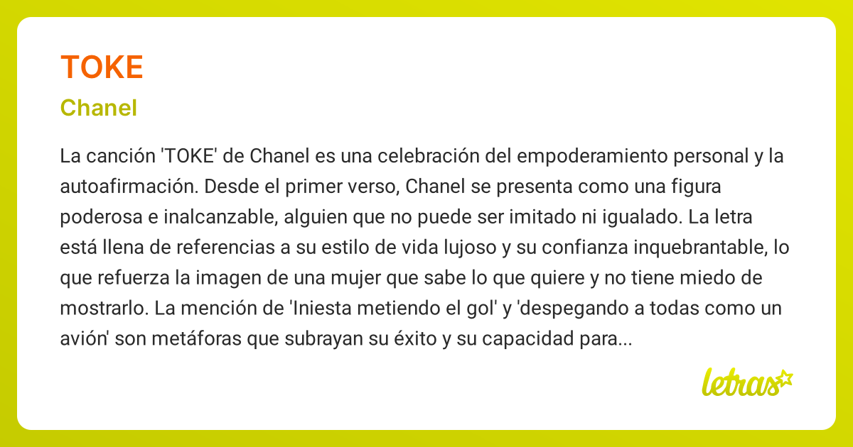 Significado de la canción TOKE (Chanel) - LETRAS.COM