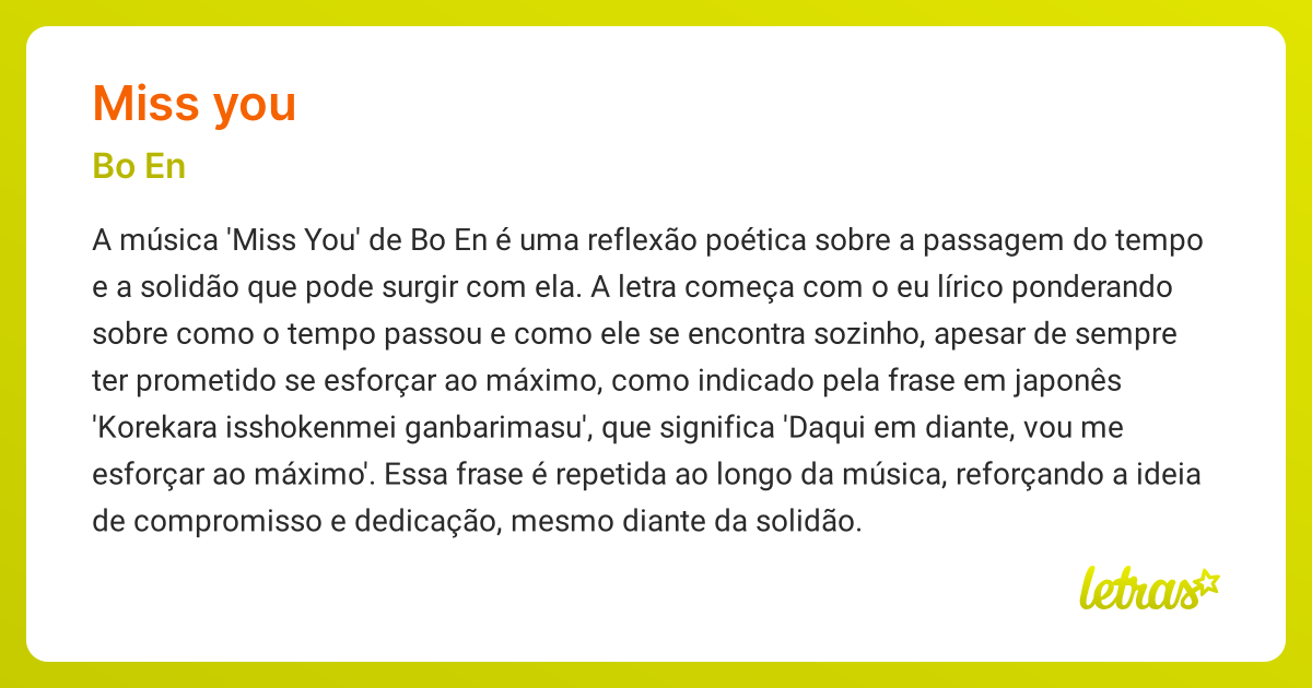 Significado da música MISS YOU (Bo En) - LETRAS.MUS.BR