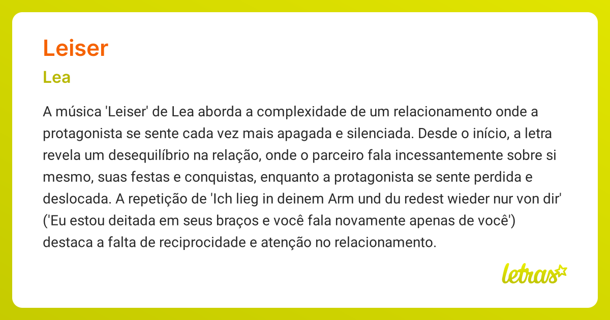Significado da música LEISER (Lea) - LETRAS.MUS.BR