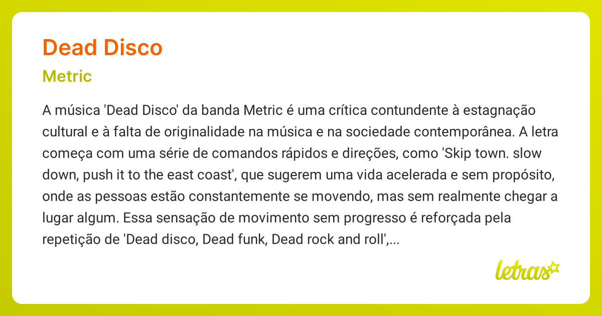 Significado da música DEAD DISCO (Metric) - LETRAS.MUS.BR