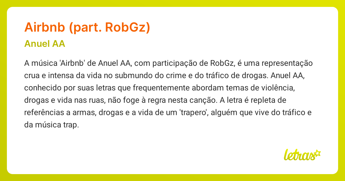 Significado da música AIRBNB (PART. ROBGZ) (Anuel AA) - LETRAS.MUS.BR