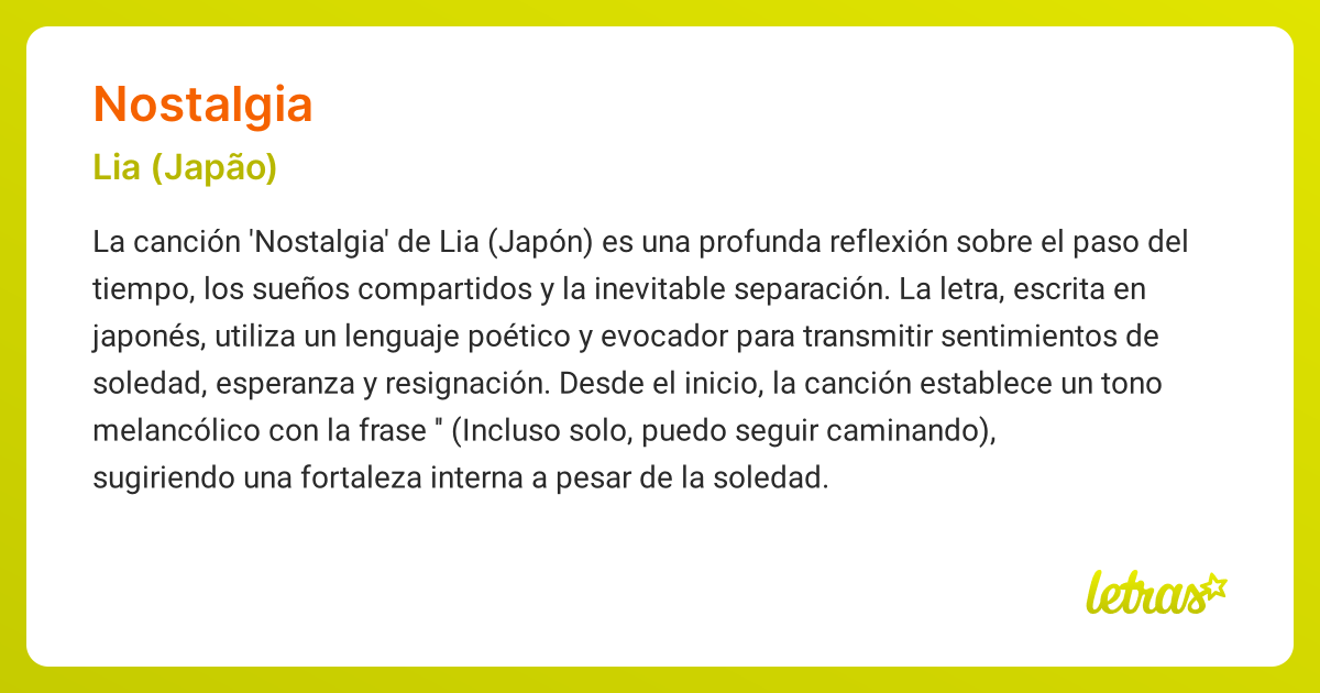 Significado de la canción NOSTALGIA (Lia (Japão)) - LETRAS.COM