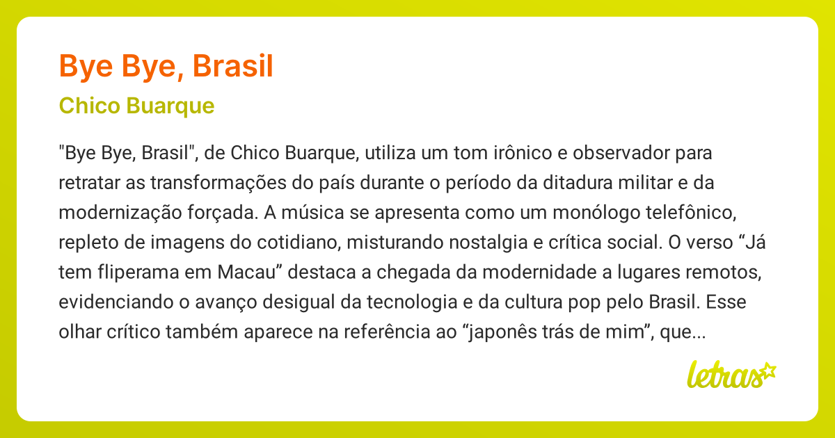 Significado da música BYE BYE, BRASIL (Chico Buarque) - LETRAS.MUS.BR